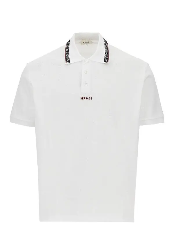 Versace Cotton Polo Hirt With Greca Motif - White