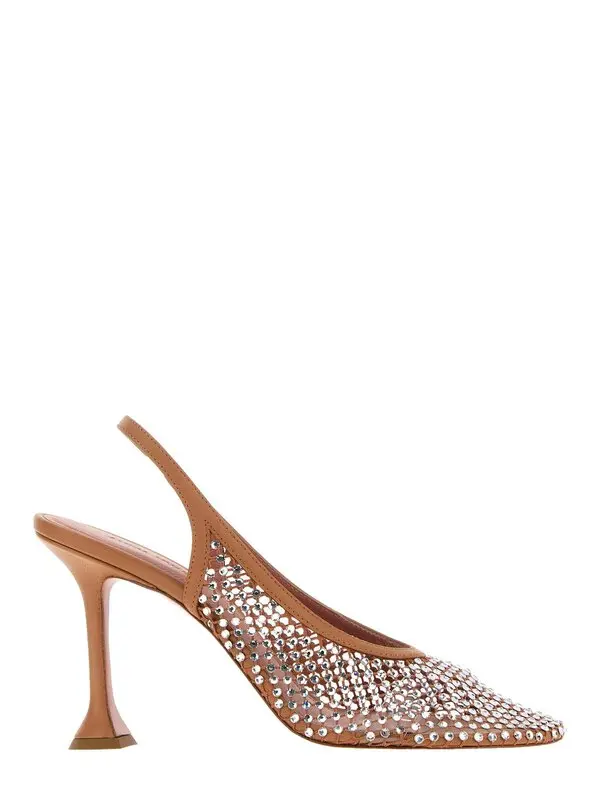 Amina Muaddi Embellished Mesh Slingback Pumps - Light Brown