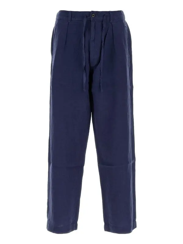 Polo Ralph Lauren Navy Linen Pleated Trousers With Drawstring Waist - Blue