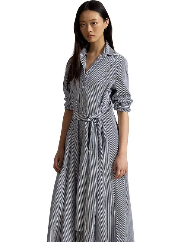 Ralph Lauren Striped Cotton Tie-waist Shirtdress - White/royal