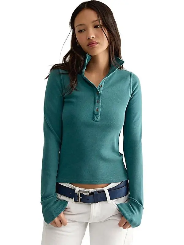 Free People We The Free Ribbed Henley Top With Classic Collar - Pineblossom
