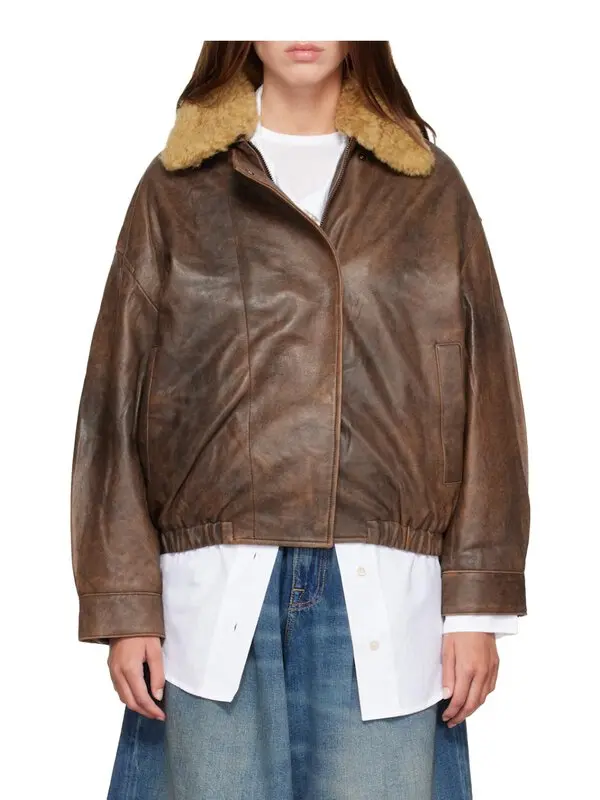 R13 Leather Jacket With Zipper And Shearling Collar - Brown