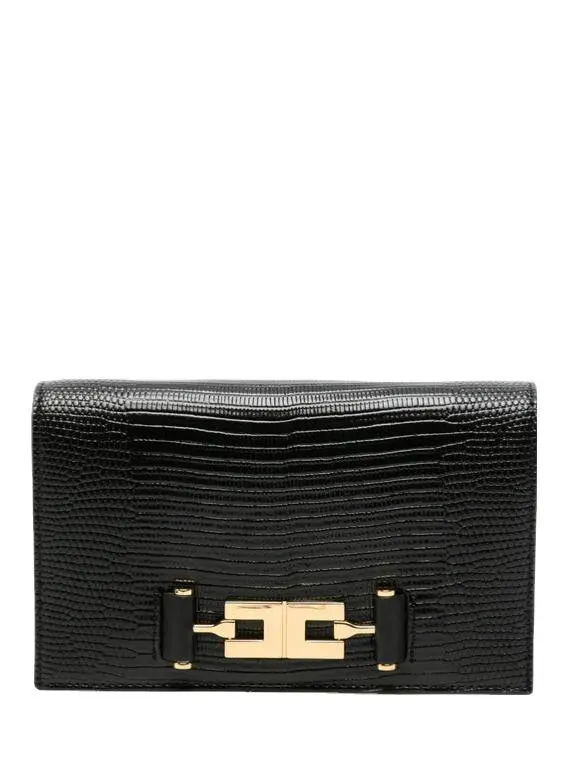 Elisabetta Franchi Lizard-effect Logo Plaque Mini Crossbody Bag - Black