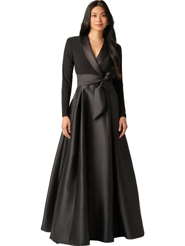 Adrianna Papell Long Sleeve Sash Belt Tuxedo Combo Gown - Black