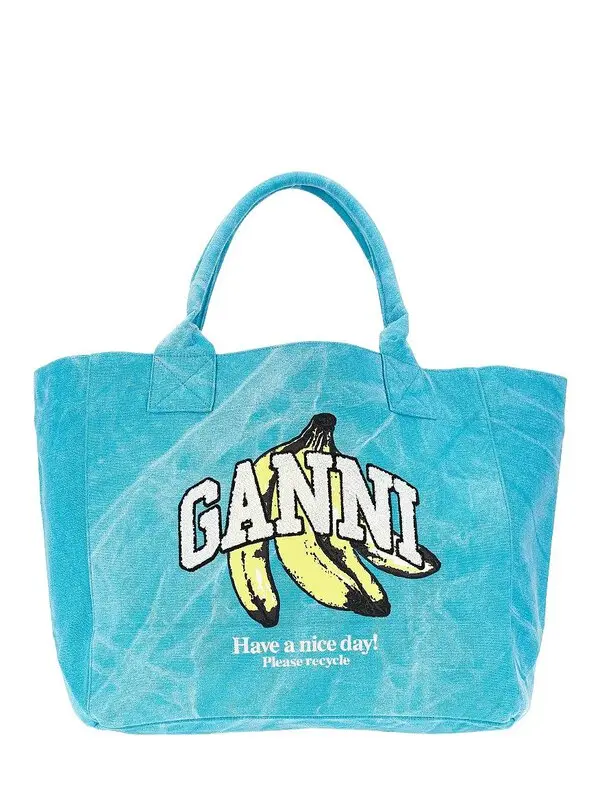 GANNI Banana Print Cotton Canvas Shopping Bag - Blue