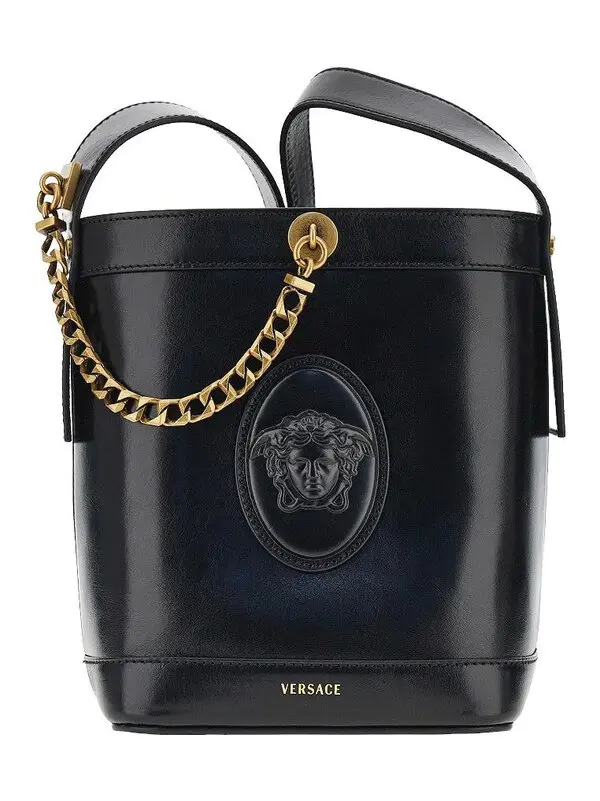 Versace Medusa Patch Leather Bucket Bag - Black