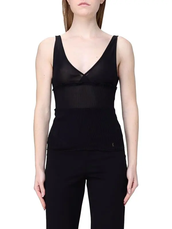Saint Laurent Silk Ribbed V-neck Top - Black