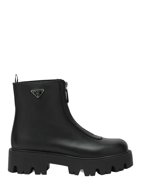 Prada Calfskin Zip-up Ankle Boots With Lug Sole - Black
