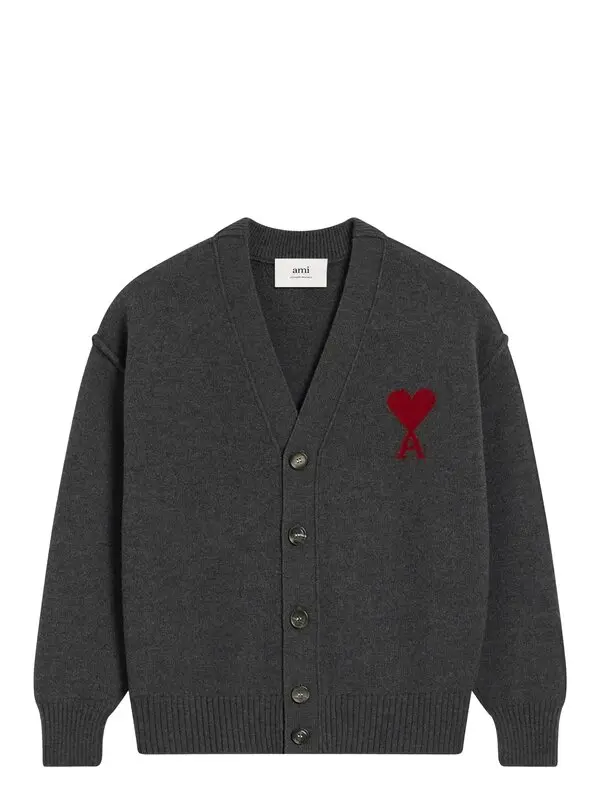 AMI Paris Wool Cardigan With De Coeur Logo - Gray