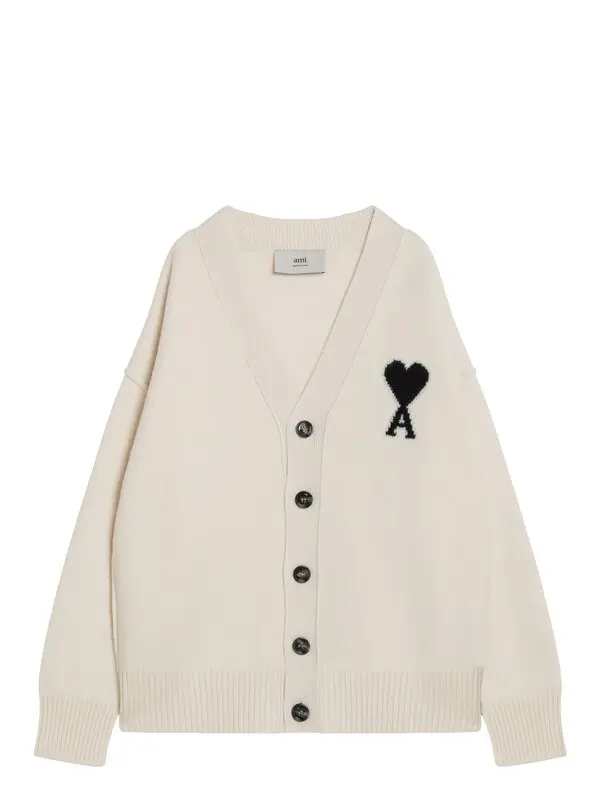 AMI Paris Wool Cardigan With De Coeur Logo - White