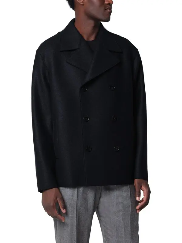 Harris Wharf London Navy Short Double-breasted Wool Coat - Blue
