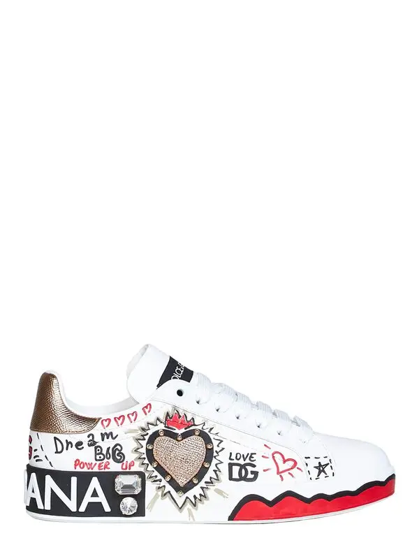 Dolce & Gabbana White Hand-painted Leather Portofino Low-top Sneakers - Multicolor