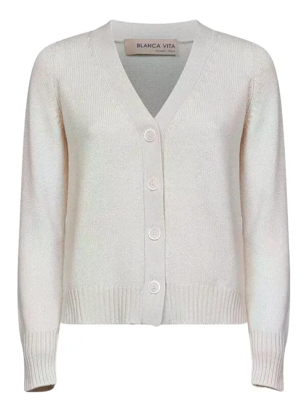 BLANCA VITA V-neck Virgin Wool Cardigan - Neutrals