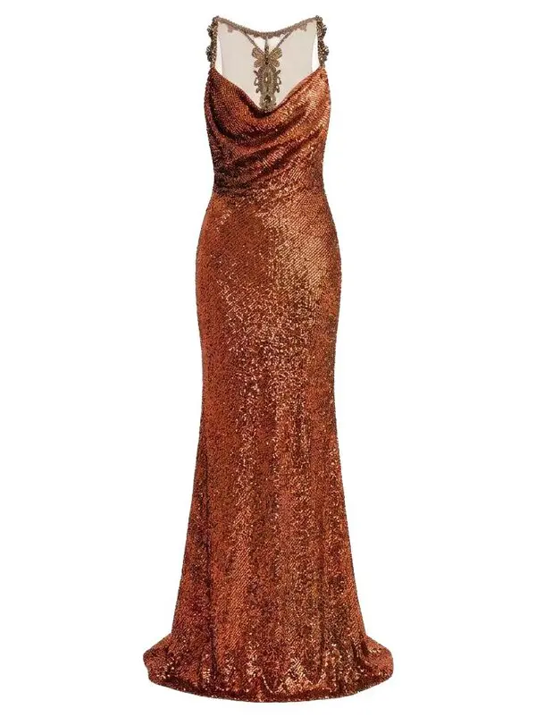 GEMY MAALOUF Sequined Cowl Neck Gown With Beaded Straps - Orange
