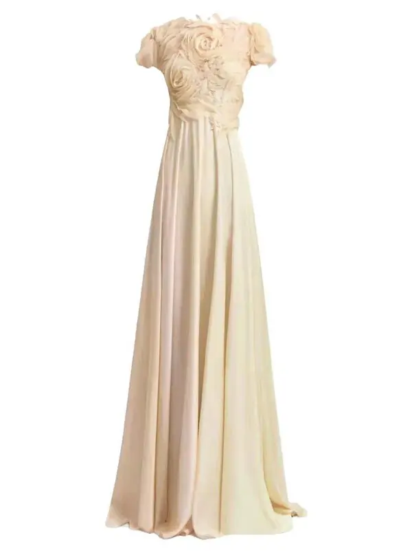 GEMY MAALOUF Floral Appliqué Sheer Panel Maxi Dress - Neutrals