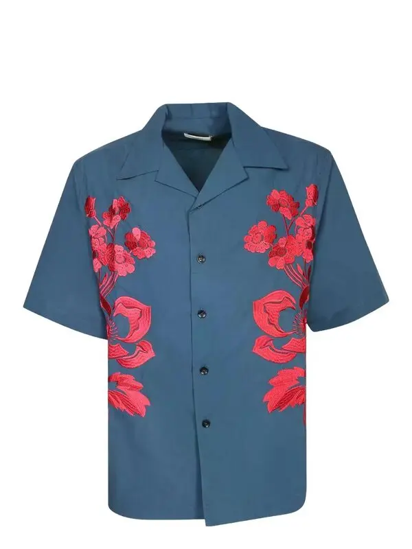 Commas Floral-embroidered Short-sleeve Shirt - Blue