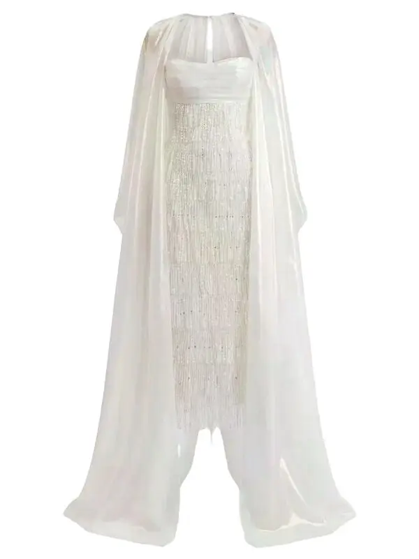 GEMY MAALOUF Embellished Tasselled Cape Gown - White