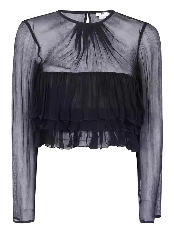 Elisabetta Franchi Ruffled Semi-sheer Long Sleeve Blouse - Black