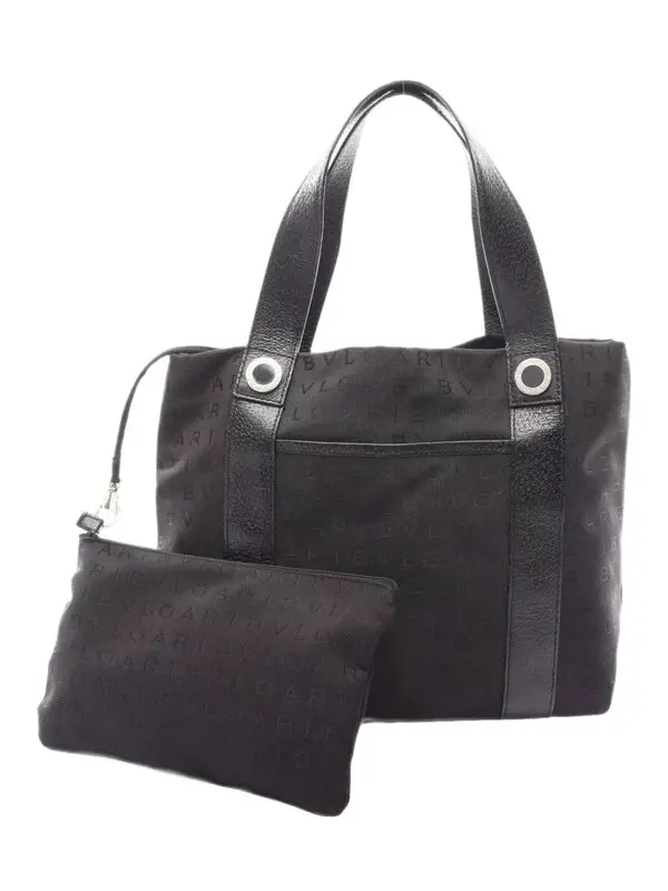 BVLGARI Logomania Canvas Tote Bag With Leather Trim - Black