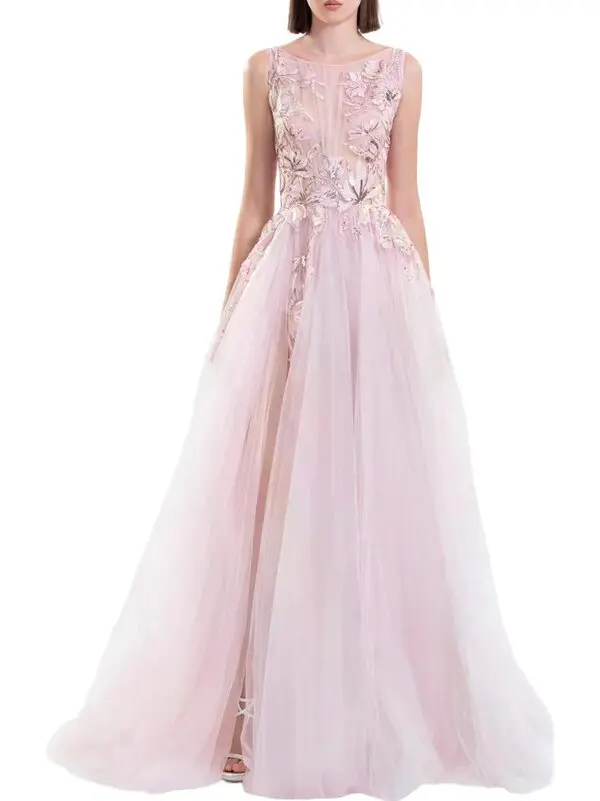 SAIID KOBEISY Embroidered Tulle Maxi Dress - Pink