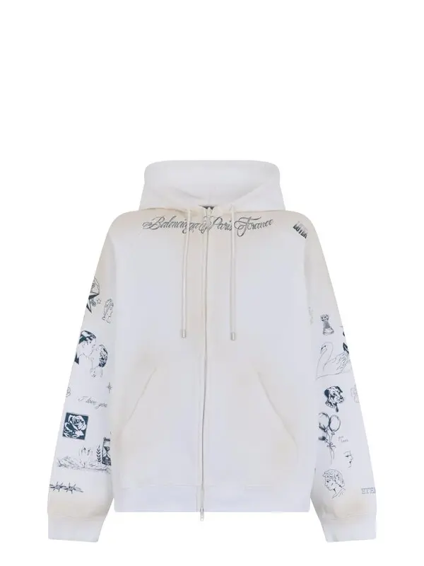 Balenciaga Hooded Zip-up Sweatshirt With Graphic Details - Grey