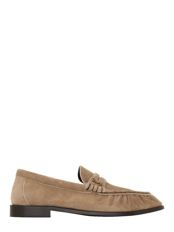 Saint Laurent Hand-stitched Moc Toe Leather Flats With Gold-tone Cassandre Hardware - Beige