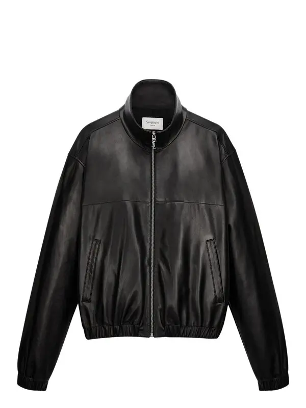 Saint Laurent Leather Zip-up Jacket With Shirred Cuffs - Nero