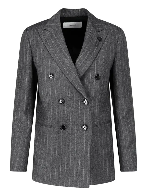 LARDINI Virgin Wool & Metal Detail Double Breasted Blazer With Pinstripes - Grey