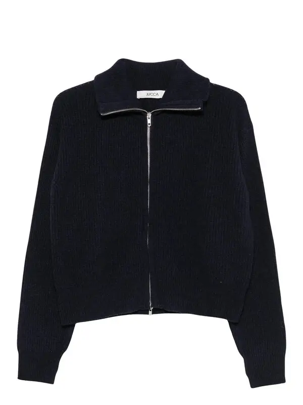 JUCCA Zip-front Ribbed Knit Stand Collar Cardigan - Navy