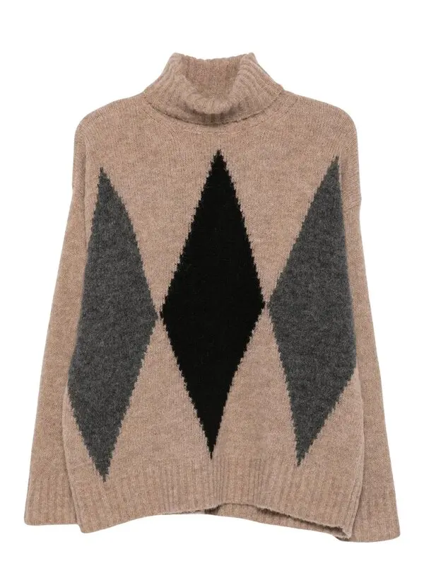 JUCCA Argyle Patterned High Neck Sweater - Grey