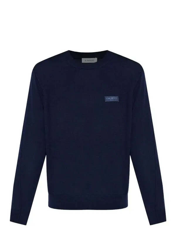 Givenchy Merino Wool Crew-neck Sweater With Ribbed Trims And Logo Patch - Navy