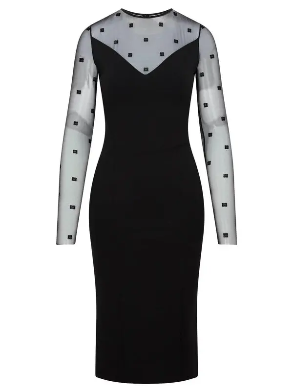 Givenchy Mesh 4g Pattern Long Sleeve Midi Dress - Black