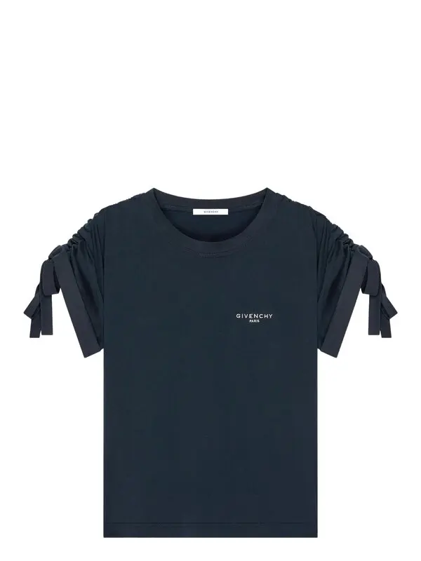 Givenchy Cotton Crewneck T-shirt With Embroidered Logo And Bow Detail Sleeves - Blu