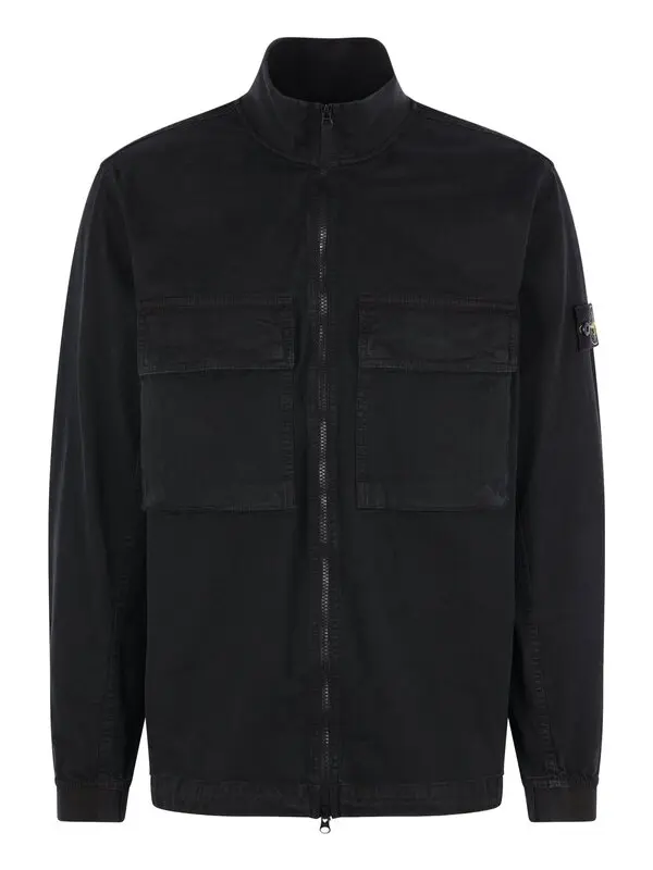 Stone Island Cotton-elastane Zip Overshirt Jacket With Buttoned Pockets - Nero