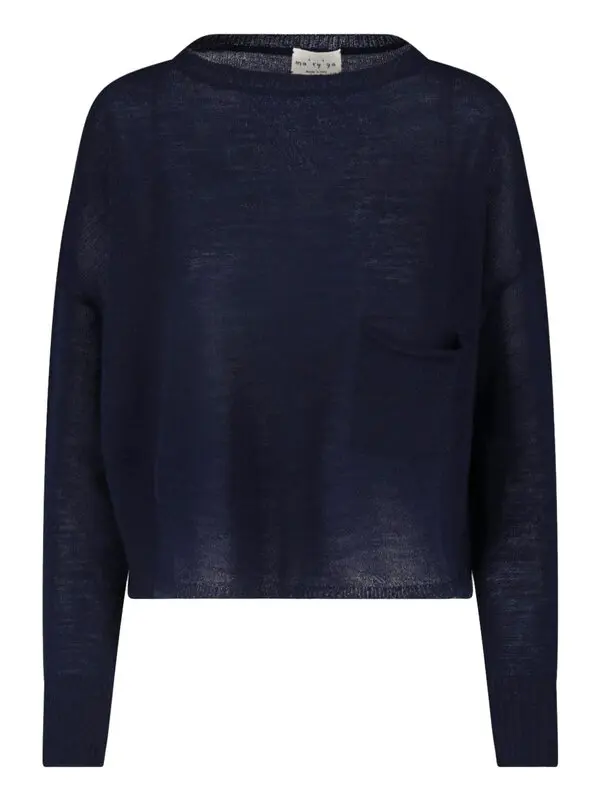 MA'RY'YA Sheer Knit Crewneck Sweater With Pocket - Blue