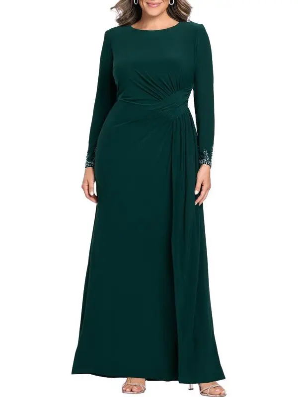 Betsy & Adam Embellished Long Sleeve Gown - Forest