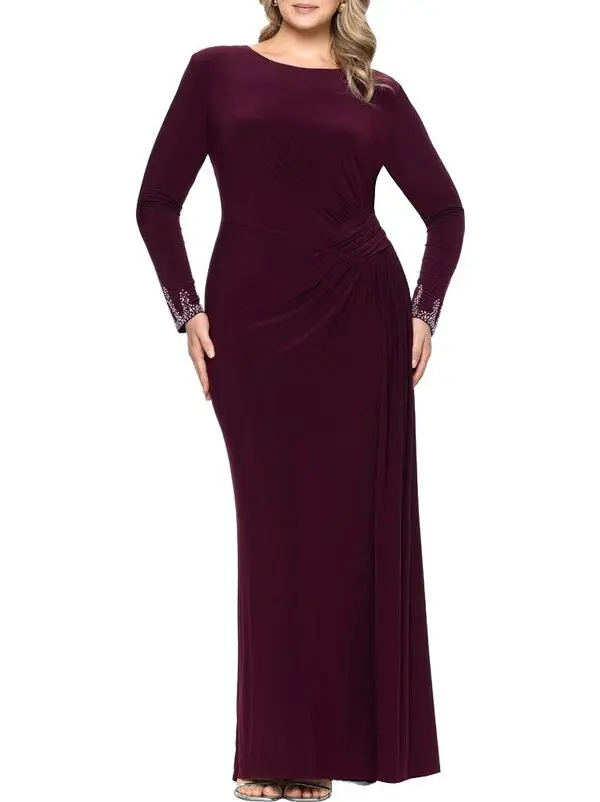 Betsy & Adam Embellished Long Sleeve Gown - Wine