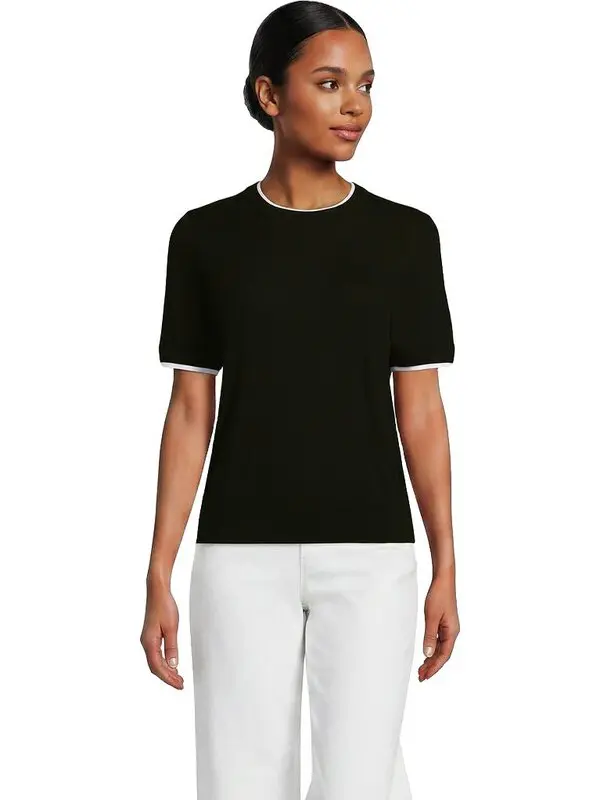 LANDS' END Double Trim Cotton Crew Neck Tee Sweater - Black/white
