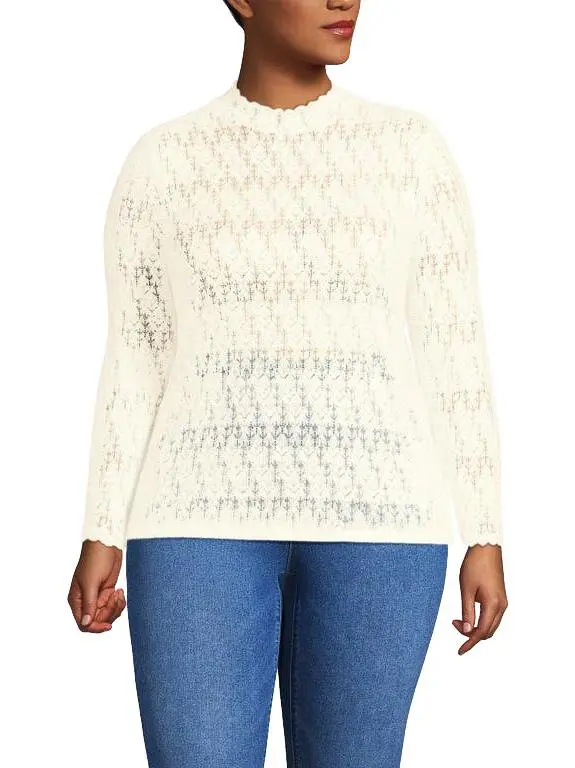 LANDS' END Long Sleeve Brushed Lace Mock Neck Top - Ivory