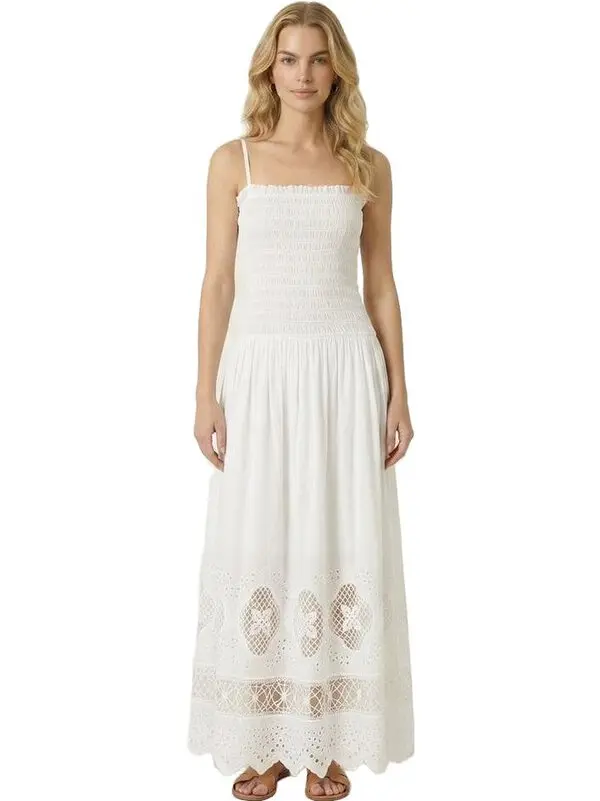 MODENAIRE Smocked Bodice Maxi Dress With Eyelet Lace Hem - White