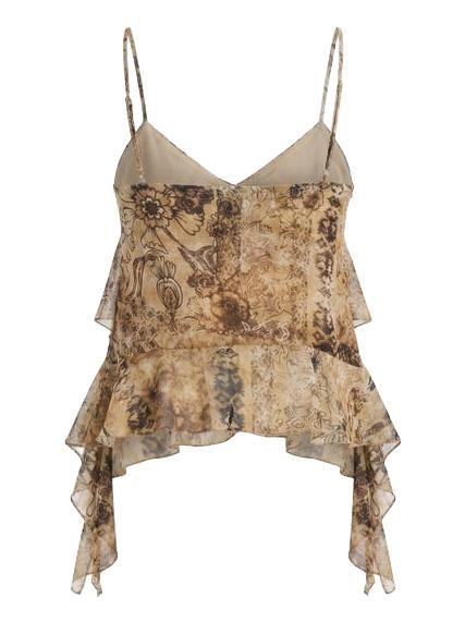 MODENAIRE Ruffled Lightweight Layered Hem Spaghetti Strap Top - Brown