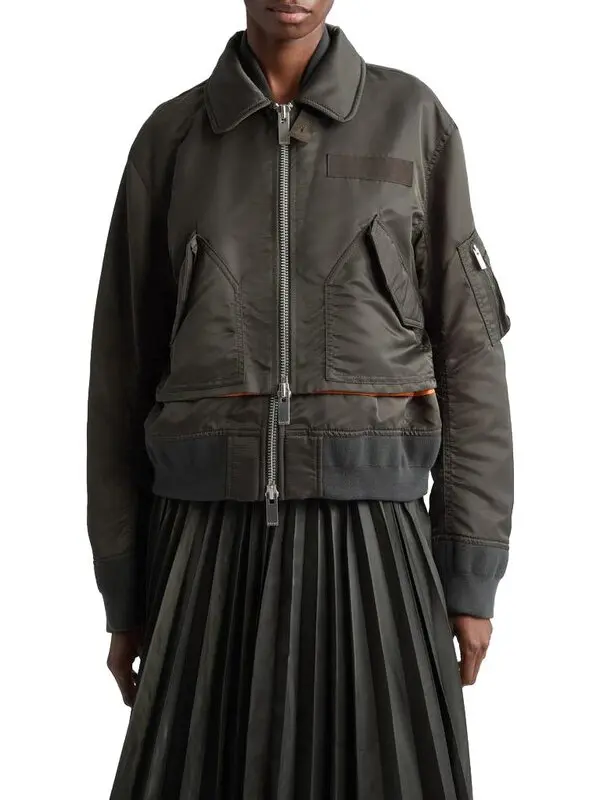 Sacai Layered Nylon Twill Bomber Jacket - Dark Khaki