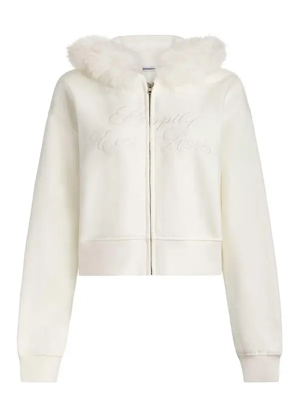 BRIDEMERCH Happily Ever Après Fur Zip Cropped Hoodie - White