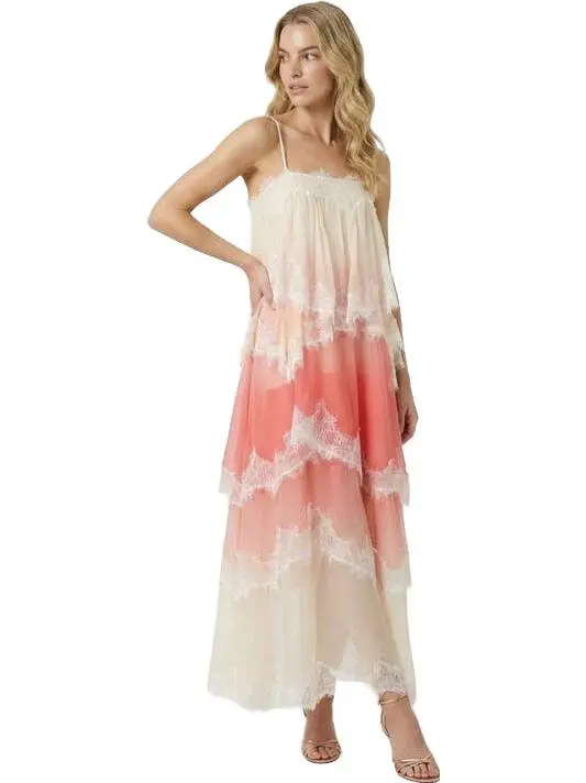 MODENAIRE Spaghetti Strap Tiered Lace Maxi Dress - Pink