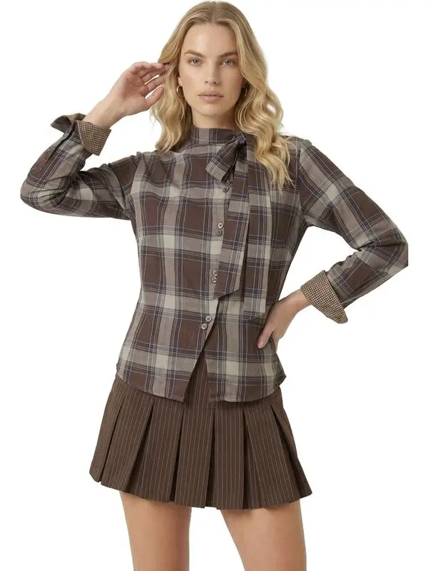 MODENAIRE Plaid Long Sleeve Button Up Blouse With Side Tie Detail - Brown