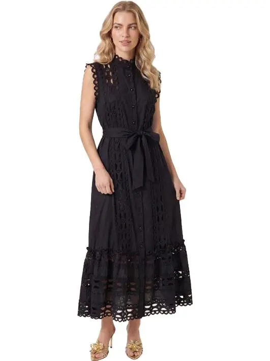 MODENAIRE Sleeveless High Neck Lace Overlay Maxi Dress - Black
