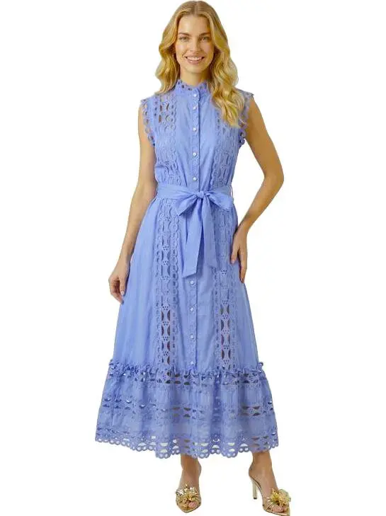 MODENAIRE Sleeveless High Neck Lace Overlay Maxi Dress - Blue