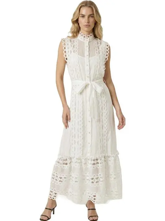 MODENAIRE Sleeveless High Neck Lace Overlay Maxi Dress - White