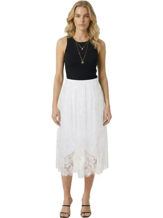 MODENAIRE Layered Lace Midi Skirt With Sheer Hem - White