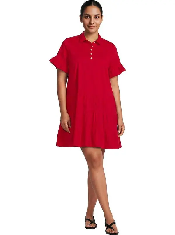 LANDS' END Poplin Flutter Sleeve Knee Length Tiered Dress - Compass Red